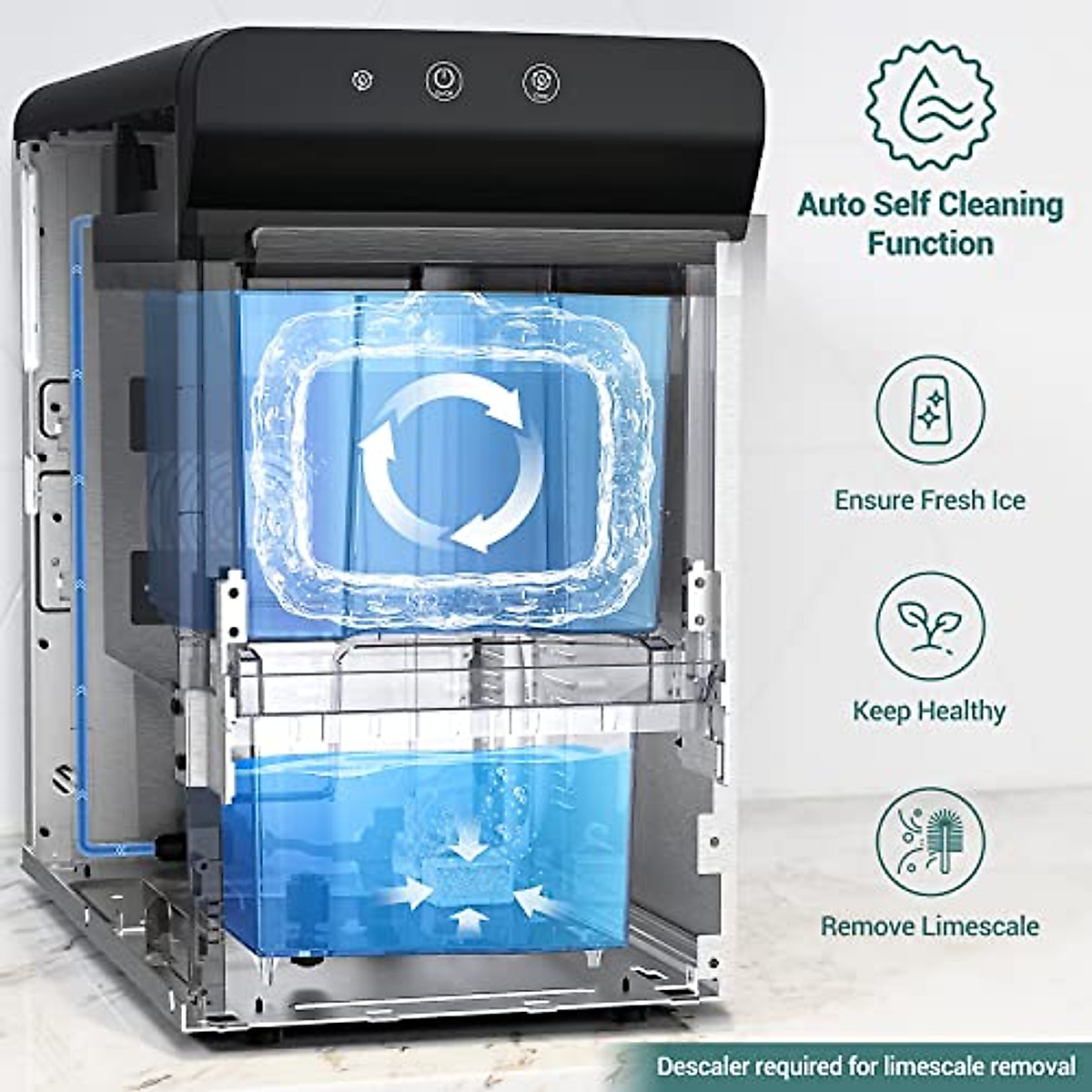 Gevi Household V2.0 Countertop Nugget Ice Maker | Self-Cleaning Pellet Ice Machine | Open and Pour Water Refill | Stainless Steel Housing | Fit Under Wall Cabinet | Black