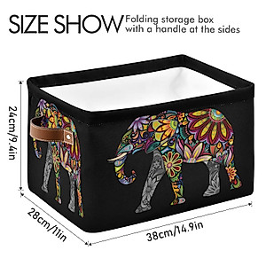 ALAZA Decorative Basket Rectangular Storage Bin, Cheerful Indian African Elephant Boho Organizer Basket with Leather Handles for Home Office
