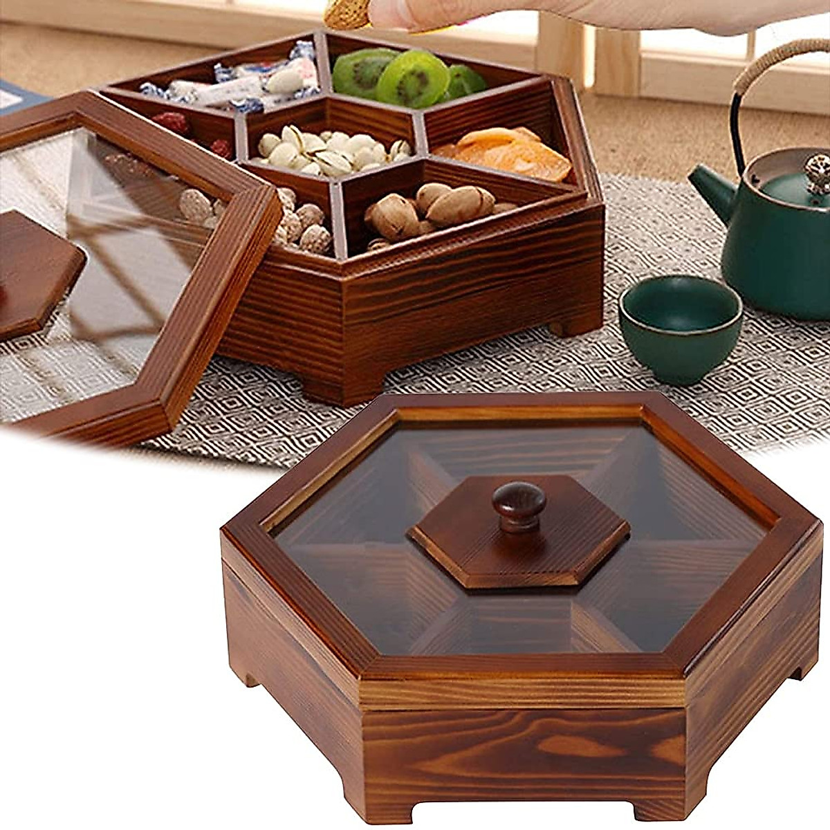 CRUHRE Decorative Fruit Basket Wooden Candy Box With Lid Nut Dried Fruit Display Plate Tray Snacks Box Storage Organizer For Home Party Fruit Bowl