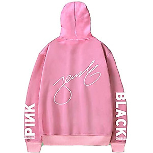 Allfwin Pink Girl's Women Hoodie Lisa Jennie Jisoo Rosé Autographed K-pop Black Long Sleeve Hooded Sweatshirt Jacket Pullover Sweater(Pink-Jennie,Large)