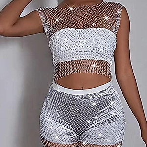 Fstrend Mesh Crystal Body Chain Sparkly Rhinestone Fishnet Crop Top See Through Tank Tops Bikini Rave Festival Accessories for Women