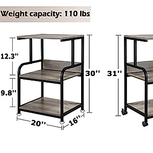 KirKical 3-Tier Mobile Printer Stands on Wheels with Storage Shelves Industrial Style Machine Cart Organizer Table for Office and Home Slate Grey Wood and Black Metal Finished