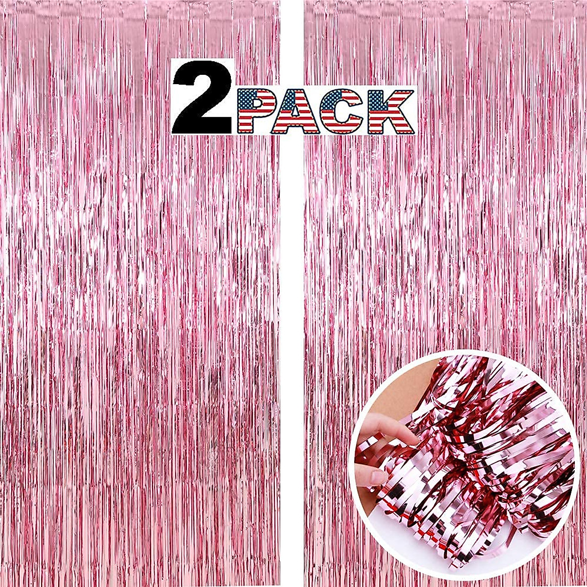 Pink Backdrop Curtain for Party Decorations -6.5x8.2ft, Pack of 2 | LILF Pink Streamers Tinsel with Non-Marking Tape, Foil Fringe Curtain for Birthday Baby Shower Party Supplies Photobooth Props