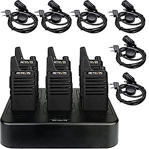 Retevis RT22 Walkie Talkies (6 Pack) with 2 Way Radio Headset (6 Pack), Rechargeable Hands Free 2 Way Radio, with 6 Way Multi Gang Charger, Walkie Talkie Adjustable D-Shaped Headset with PTT