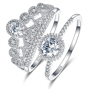 Narica Silver Plated Round Cut Created White Topaz CZ Cubic Zirconia Filled Halo Wedding Engagement Crown Ring 2PCS Women's Band Set for Mom Lover Gift 8#