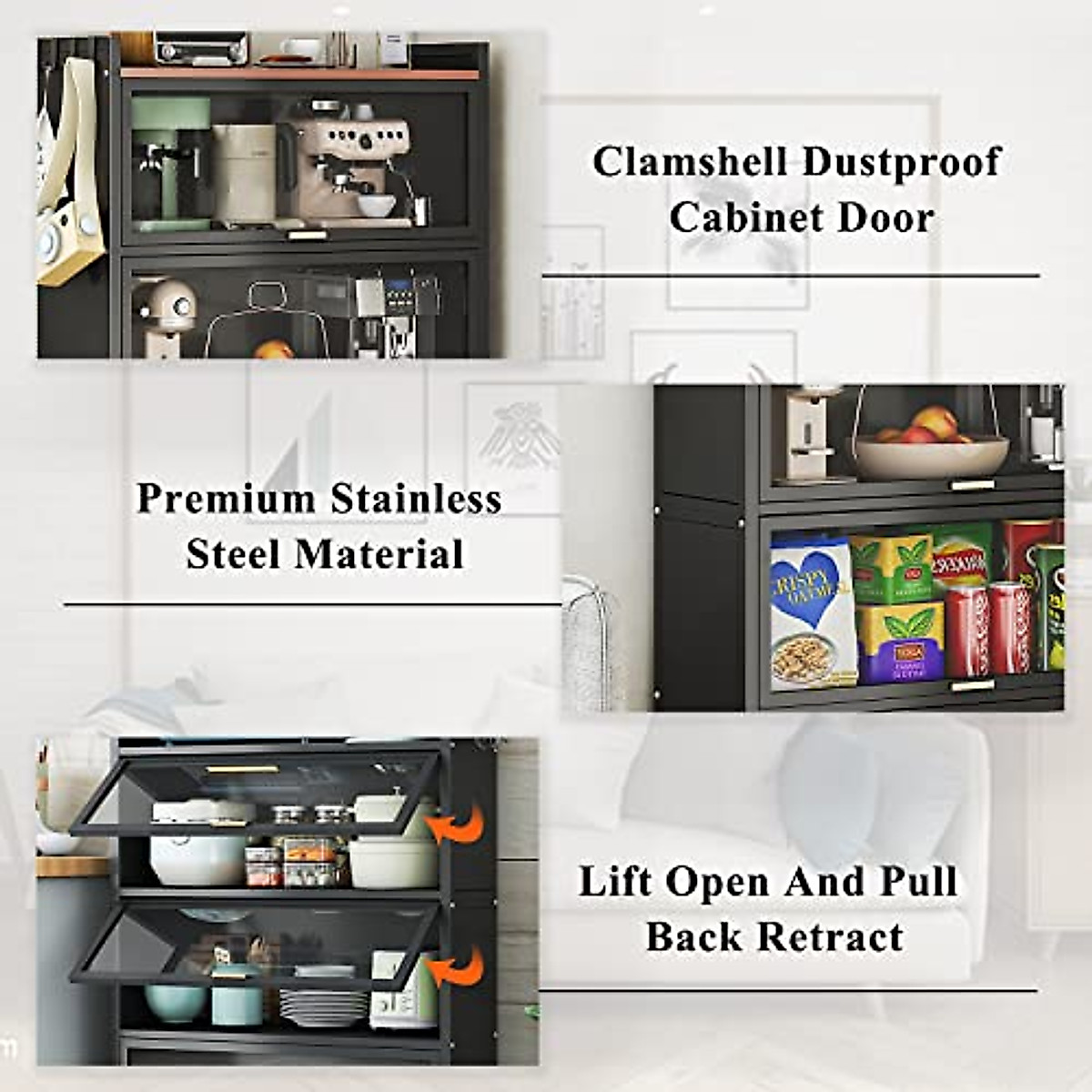 GILLAS 5-Tier Bakers Racks for Kitchen with Storage, Free-Standing Microwave Stand with Organzier Shelf, Kitchen Utility Storage Shelf with Flip Door Cabinet, Coffee Bar Cabinet, Black, Medium