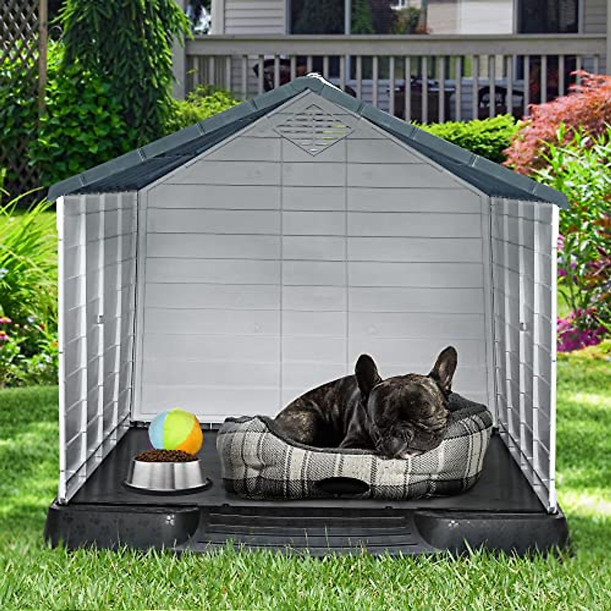 YITAHOME Large Plastic Dog House Outdoor Indoor Insulated Doghouse Puppy Shelter Water Resistant Easy Assembly Sturdy Dog Kennel with Air Vents and Elevated Floor (28.5''L*26''W*28''H, Gray)