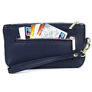 Women Leather Wristlet Clutch Wallet Handbag Purse Travel Cellphone Case Pouch (Black) Small