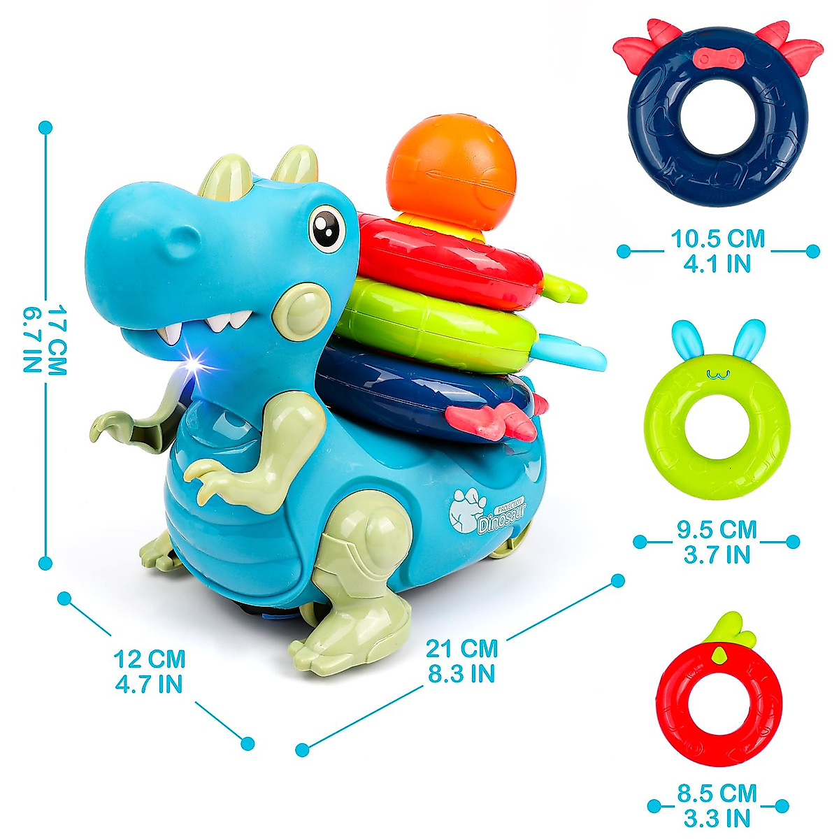 Popsunny Baby Musical Crawling Toy Aged 6-12 Months, Dinosaur Toddler Walking and Stacking Toys with Music & Light, Infant Learning Tummy Time Toy Gift for Boys Girls