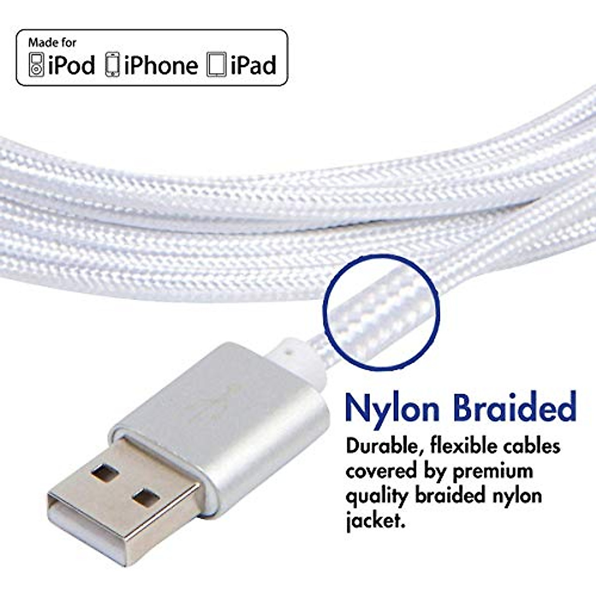 vCharged 12 FT Longest 2 Pack MFi Certified Lightning Cable Nylon Braided USB Long iPhone Charger for Apple iPhone 14 Pro Max, 13, 12, 11/Mini/XR, XS, X, 8, 7, 6, iPad, Airpods, Updated Cables - White