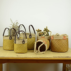 Keebgyy Woven Baskets, Belly Basket with Handles, Multi Purpose Seaweed Belly Basket with Handle, Decorative Basket for Living Room and Bedroom and for Storage of Blankets, Home Decor(#3)