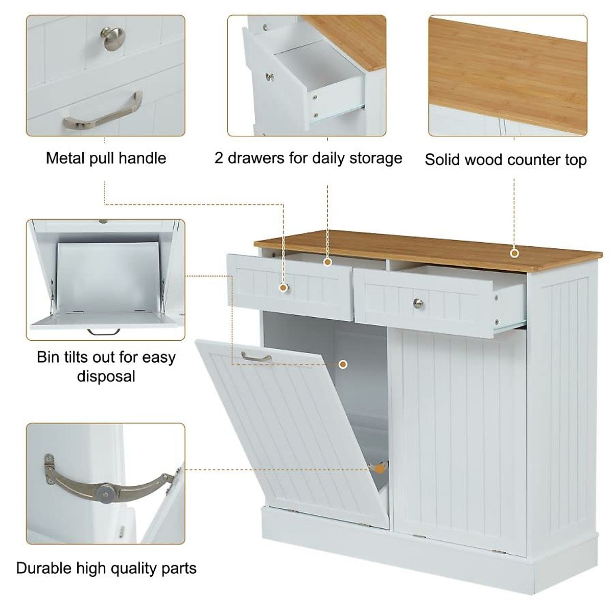 kinbor Double Tilt Out Trash Cabinets - Wooden Kitchen Trash Cabinet Bin, Free Standing Trash Can Holder & Recycling Cabinet with Hideaway Drawers, White