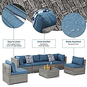 VONZOY 7 Pieces Patio Furniture Set, Outdoor Sectional Sofa Couch, Grey Wicker Rattan Patio Conversation Set with Cushions and Table (Blue)