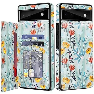 Bizzib for Google Pixel 6A Case Leather Wallet with Card Holder, Flip Cover Kickstand Magnetic Closure Shockproof Heavy Duty Protective Case for Google Pixel 6A,Yellow Floral