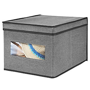 mDesign Large Fabric Stackable Closet Organizer Box with Clear Window/Lid for Bedroom, Office, Bathroom, Mudroom Organization - Shoe, Sweater, Clothes Storage, Lido Collection, 2 Pack, Dark Gray/Black