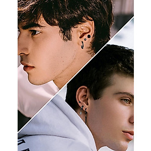 Fiasaso 22Pcs Dangle Earrings for Men Stainless Steel Hinged Hoop Earrings Long Chain Stud Cross Dangle Earrings Set Kpop Earrings for Mens Black