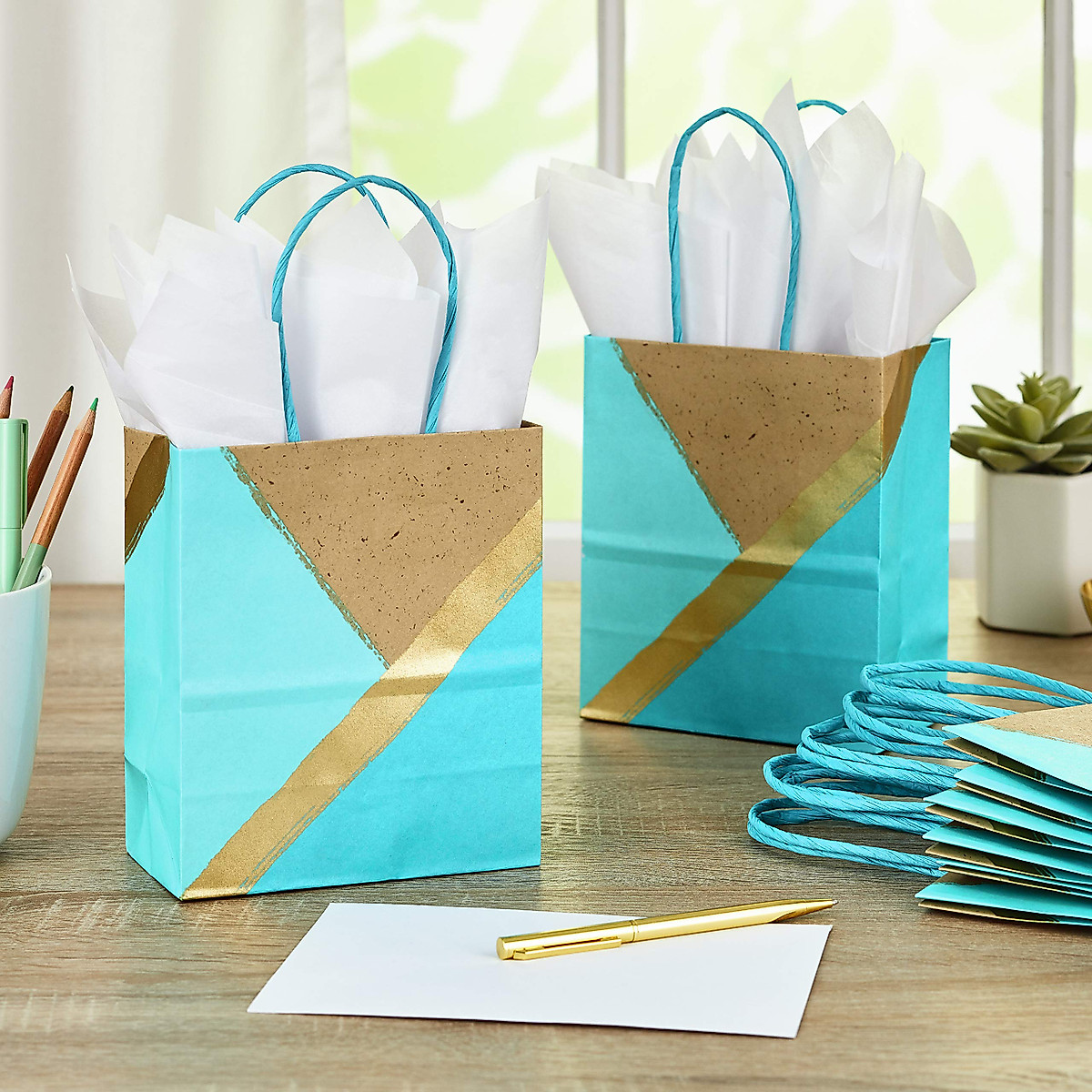 Hallmark 6" Small Paper Gift Bags (Pack of 8 - Kraft, Turquoise & Mint) for Christmas, Birthdays, Weddings, Mother's Day, Baby Showers, Bridal Showers, Care Packages, Any Occasion