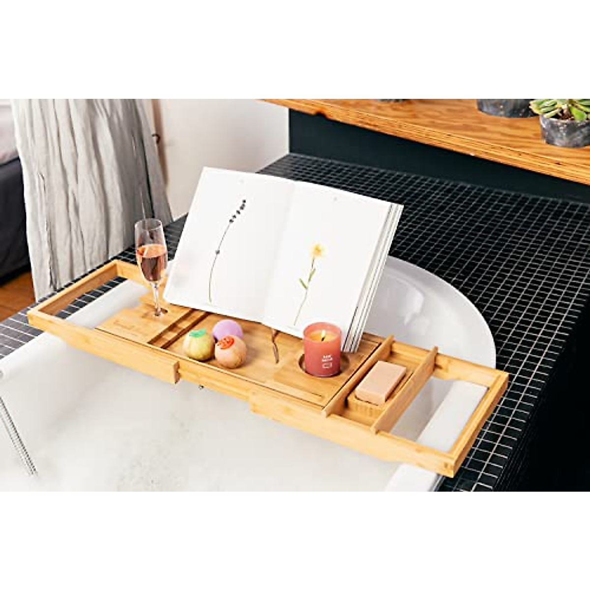 TranquilBeauty Premium Bath Caddy | Bath Board with iPad, Tablet, and Phone Stand | Extendable Wooden Tray Bath Rack