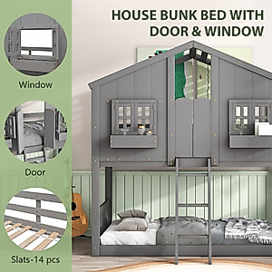 Rovibek House Bunk Beds for Kids Twin Over Twin with Stairs Wood Farmhouse with Door Windows Ladder, No Box Spring Needed, Easy Assembly, Grey