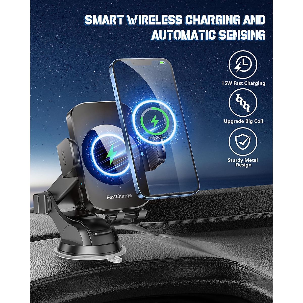 Wireless Car Charger, Fast Charging Phone Holder BothLin 3 in 1 Phone Mount Auto Clamping Car Accessories Compatible with iPhone 15 14 13 12 11 Xs XR, Samsung S23 Ultra S22 S21 S20/S10+ S9+ Note 9