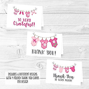 24 Pink Clothesline Baby Shower Thank You Cards With Envelopes, Girl Sprinkle Thank-You Note, 4x6 Gratitude Card Gift For Guest Pack, Gender Reveal DIY So Grateful Varied Onesie Event Stationery