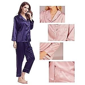 WJing Yi Jia Womens Pajama Set Silk Satin Pajamas Long 2pc Pjs Button Down Sleepwear Pj Set Loungewear