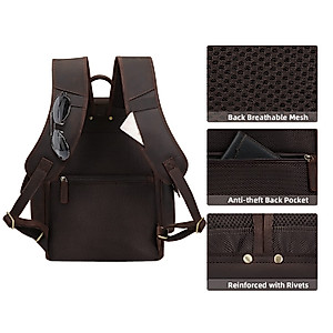 ZHYOL Genuine Leather Backpack for Men, 14'' Laptop Backpack Vintage Full Grain Leather School College Bookbag Large Capacity Business Office Work Bag Casual Travel Hiking Weekend Shoulder Daypack