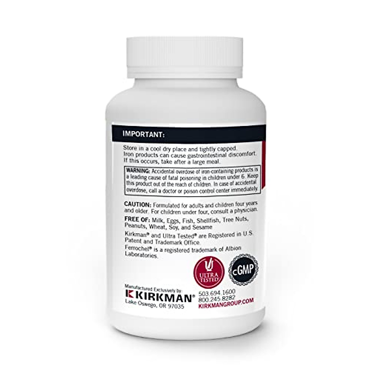 Kirkman - Iron Ferrochel 5mg - 120 capsules - Aids Hemoglobin & Myoglobin Production - Supports Red Blood Cells Formation - Hypoallergenic