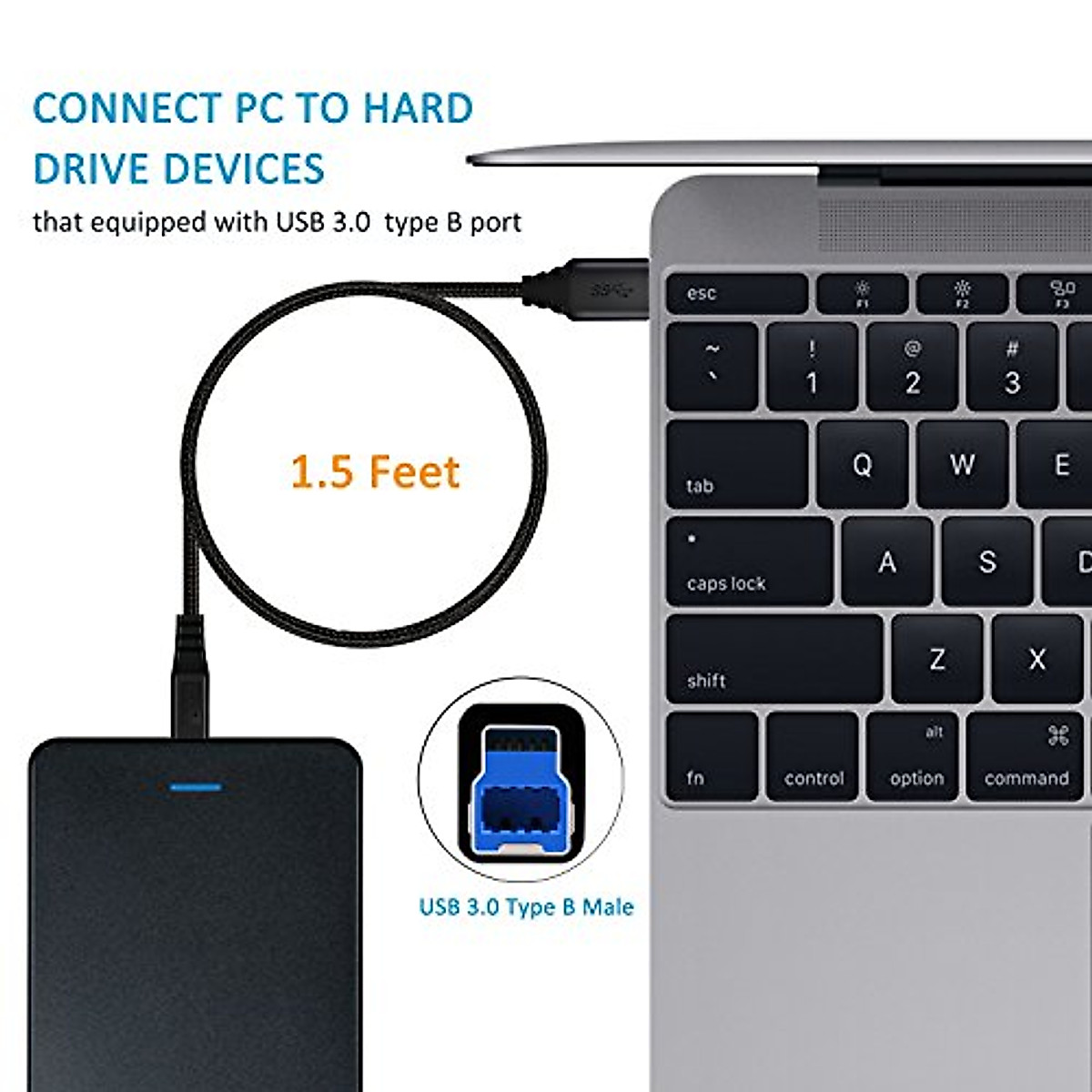 Besgoods USB 3.0 Cable A-Male to B-Male [1.5ft/50cm] Short Cable Braided Cord- 2Pack, Black