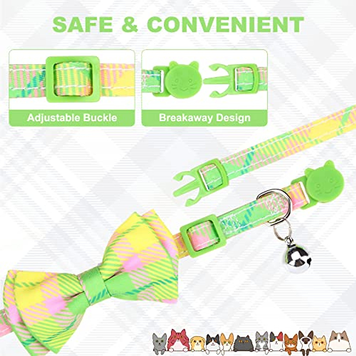 Breakaway Cat Collar with Bow Tie and Bell, Cute Flower & Bandana, 3 Pack Safety Buckle Kitten Collars, Adjustable Pet Collar for Girl Boy Cats Puppy (Green)