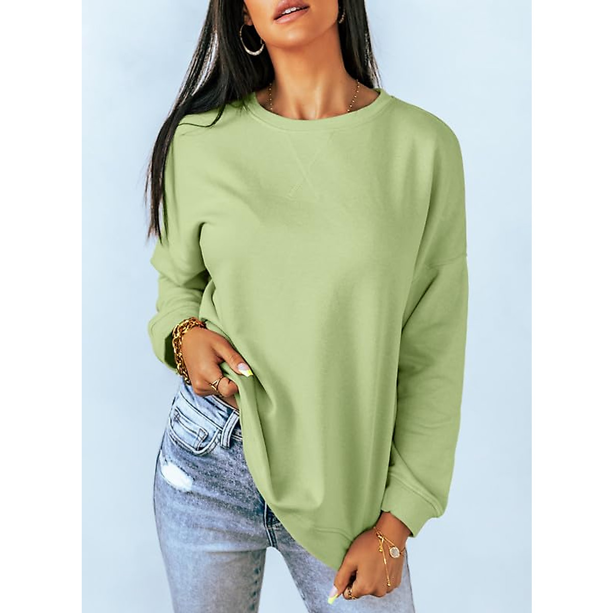 Dokotoo Womens Ladies Oversized Long Sleeve Crewneck Sweatshirt Side Split Loose Fit Solid Basic Pullover Tunic Shirts Tops Sweatshirts for Women 2024 Fashion Fall Green XLarge
