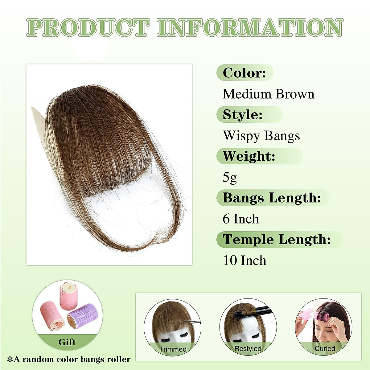 100% Human Hair Bangs Clip in Hair Extensions, Medium Brown Clip on Bangs Wispy Bangs Fringe with Temples Hairpieces for Women Curved Bangs for Daily Wear