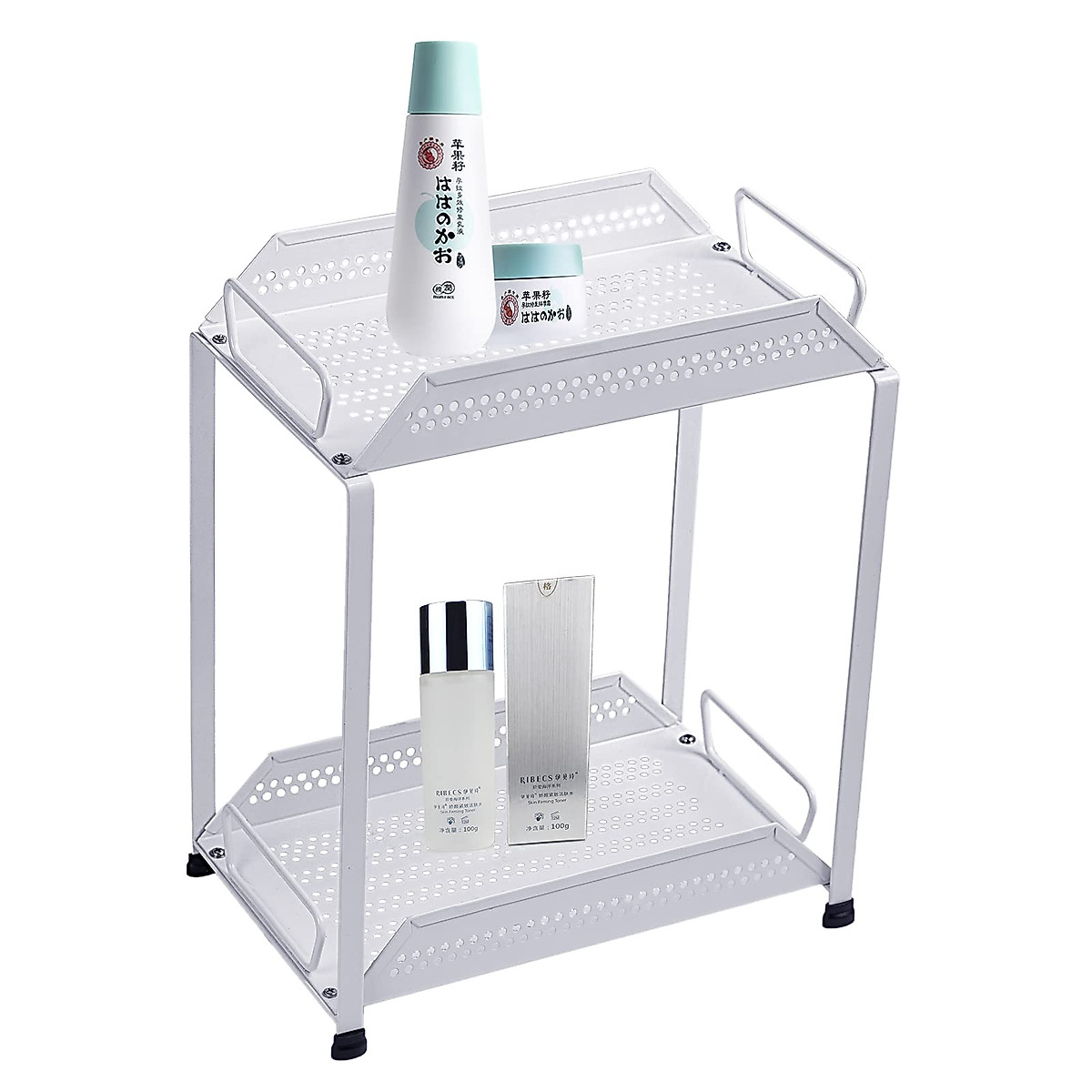 Bathroom Counter Organizer Kitchen Spice Rack and Cosmetic Storage Rack,Under Sink Organizer,For Bathroom Kitchen Living room Bedroom Dressing Table Sink Organization,2 Tier Standing Rack,White