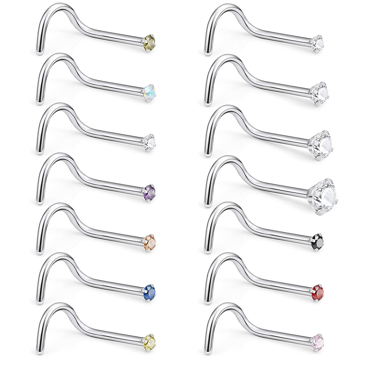 Lcolyoli Nose Rings Screw 18 Gauge Surgical Steel Nose Studs Crystal Hypoallergenic Body Piercing Jewelry 1.5MM Diamond CZ 14 Pieces Silver-tone