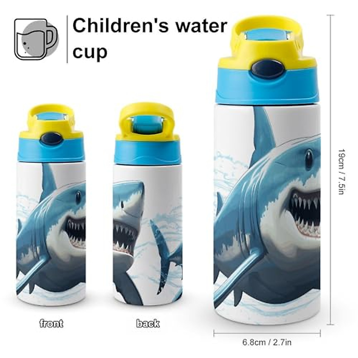 Stainless Steel Water Bottles Blue Shark Travel Water Cups with Handle And Silicone Straw Drinking Cup with Leak Proof Lid Thermo Travel Mug for Women Men