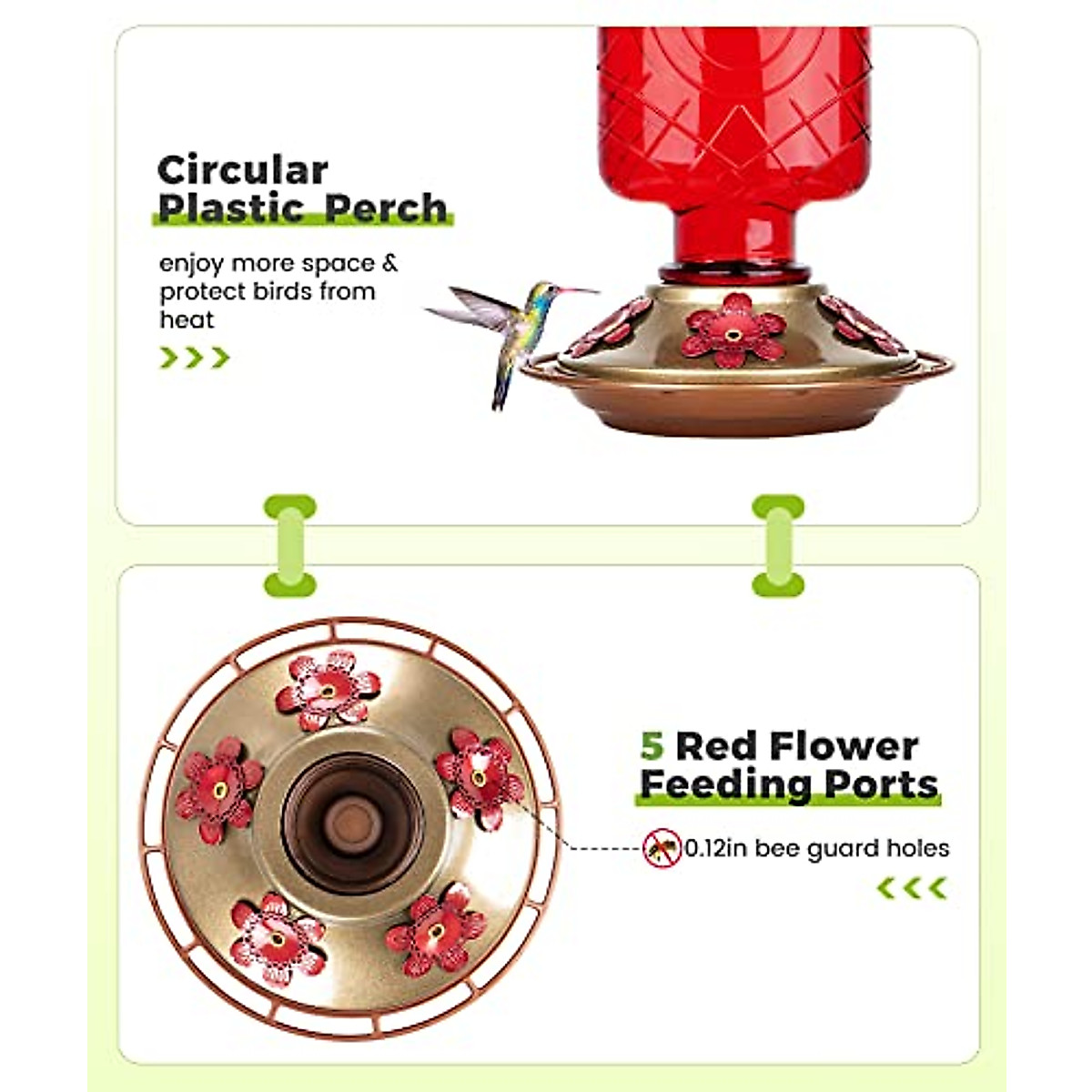 BOLITE Hummingbird Feeder, 18005 Glass Hummingbird Feeders for Outdoors Hanging, 5 Feeding Stations, 22 Ounces, Red Bottle, Xmas Gifts for Bird Lovers