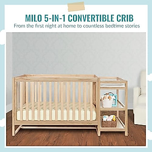 Dream On Me Milo 5-in-1 Convertible Crib and Changing Table with Free Changing Pad in Vintage White Oak, 3 Mattress Height Settings, Non-Toxic Finishes, Pinewood