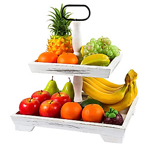 CRAZYMOTO Wood 2-Tier Rustic Tray, Farmhouse Tiered Tray Stand, Rectangular Tray for Cakes, Desserts, Fruits, Snack, Candy, 16x12x17 inches, 4 lbs, White