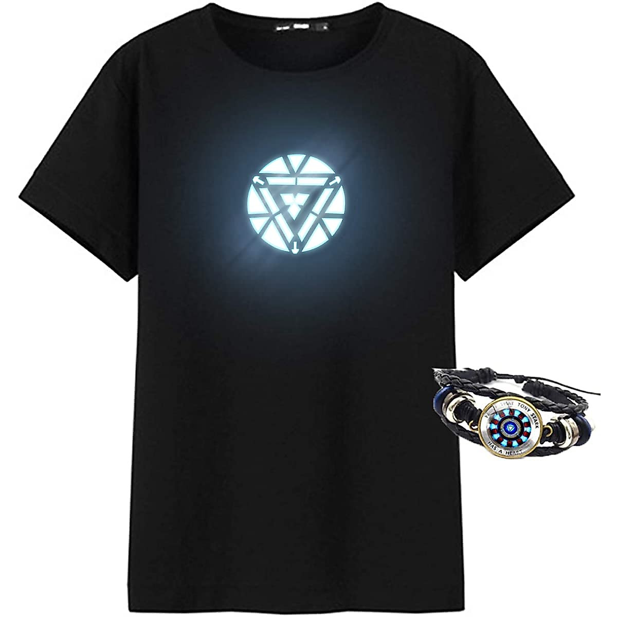 Tony Cosplay Adult Novelty Arc Reactor Illuminate T-Shirt Sleeve Costume Clothing for Men Adult Stark Reactor Bracelet (L) Black
