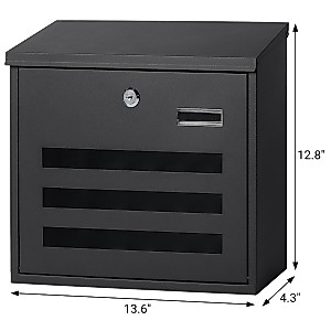 Kasten Wall-Mount Mailbox with Key Lock, Large Capacity Locking Mailbox for Outside, 13.6 x 4.3 x 12.8 Inch, Black