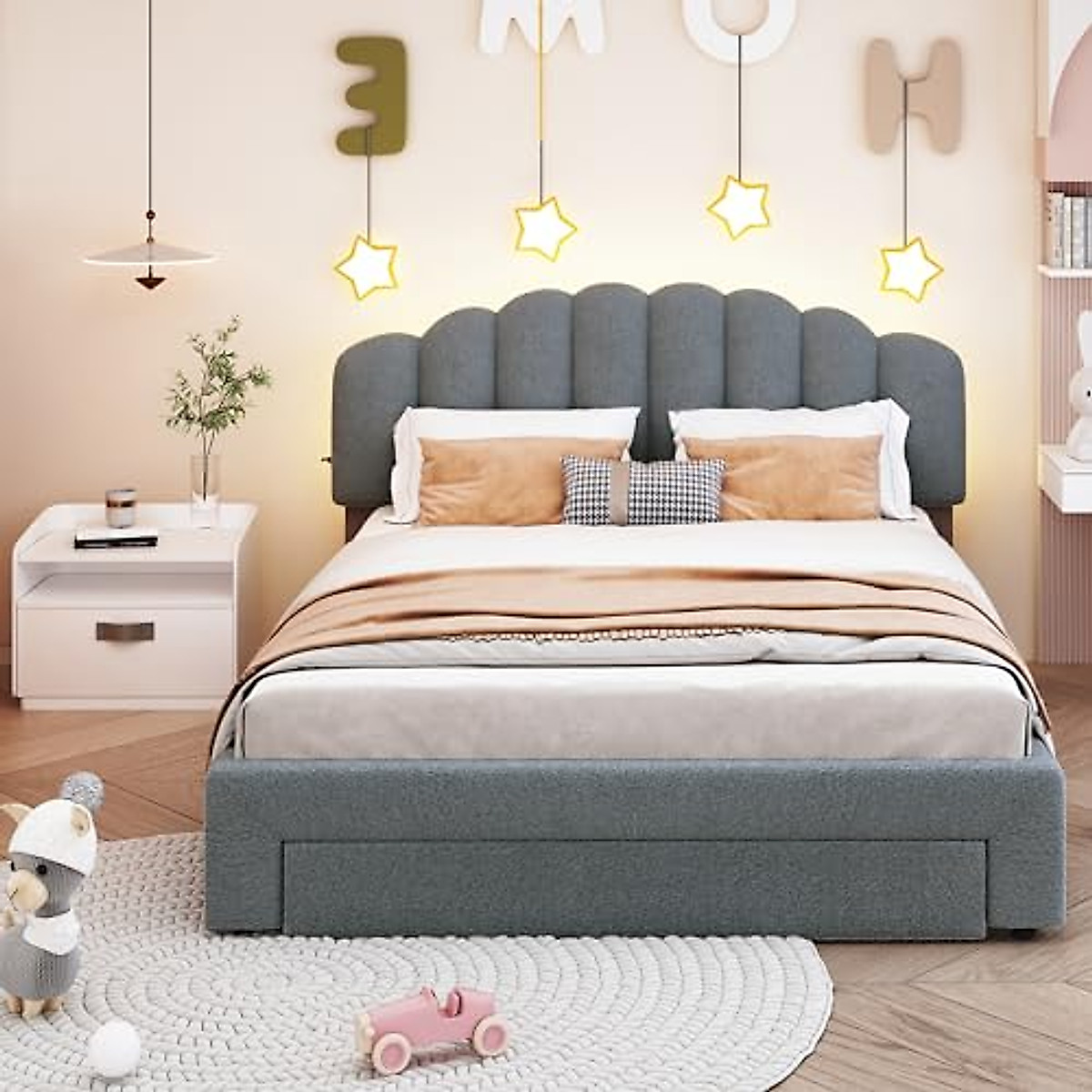 HAUSHECK Upholstered Bed Frame Queen Size with Teddy Fleece Headboard, Big Drawer, Smart LED Lights and 2 USB Ports, Modern Queen Platform Bed Frame w/Wooden Slats Support, No Box Spring Needed