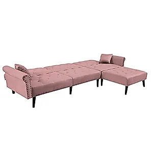 KoiHome Sectional Sofa Right Hand Facing Velvet Button Tufted, L Shape Chaise with Nail Head Detail, Conical Wood Leg, 2 Pillows, Modern & Elegant, Home Furniture for Living Room,Office, Pink