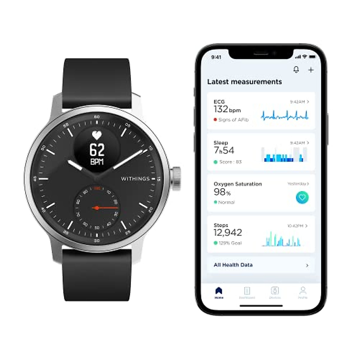 Withings Scanwatch - Smart watch & Activity Tracker: Heart Monitor, Sleep Tracker, Smart Notifications, Step Counter, Waterproof with 30-Day Battery Life, Android & apple smart phone compatible, GPS