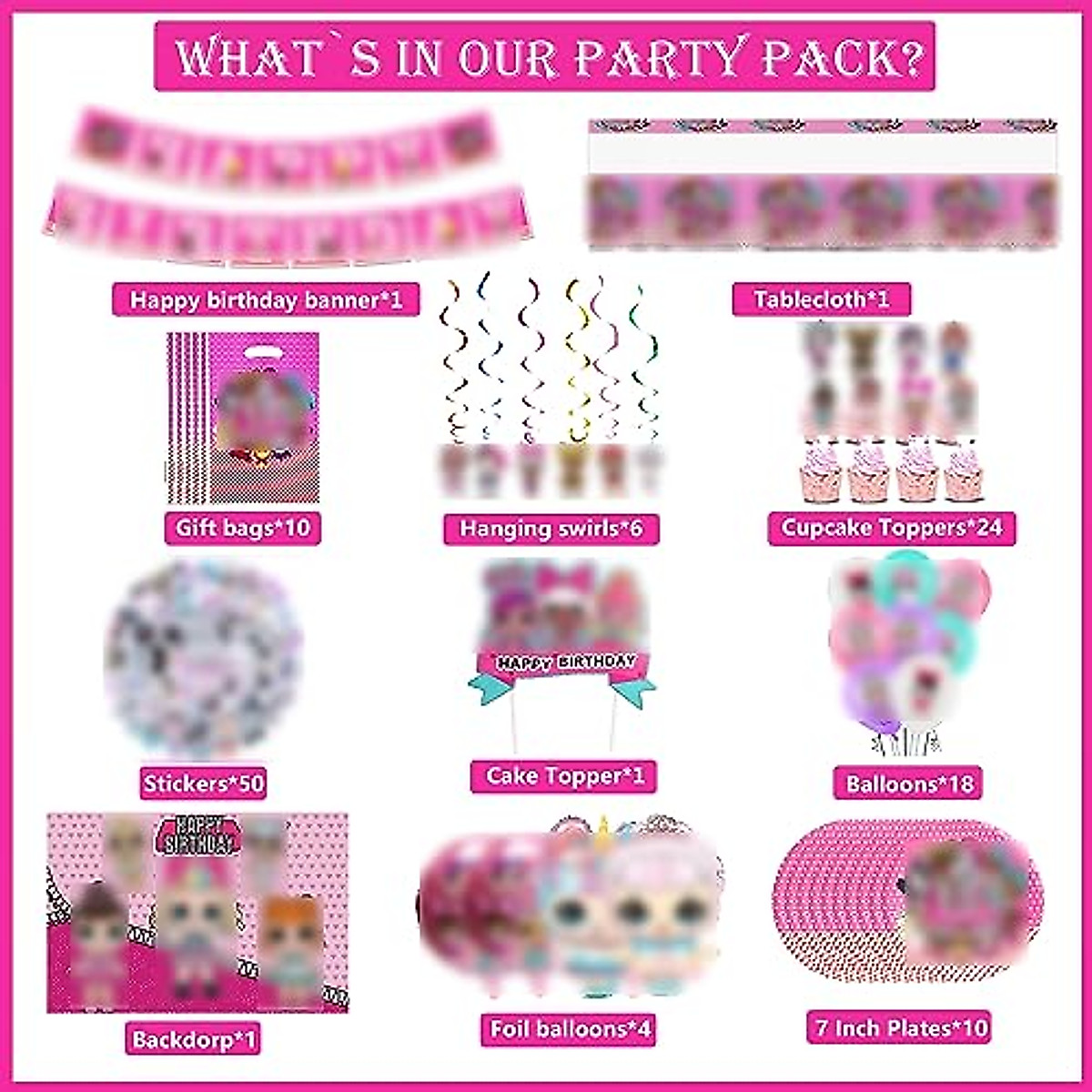 Pink Dolls Birthday Supplies Party Decorations, Pink Girls Theme Birthday Kit Include Banner, Tablecloth, Balloons, Plates, Stickers, Foil Balloons, Gift Bag, Hanging Swirls, Backdrop, Cake & Cupcake Toppers, Cartoon Birthday Gift for Kids