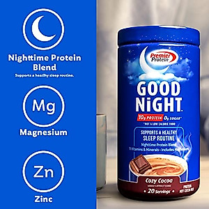 Premier Protein Good Night Protein Powder, Hot Cocoa Mix, 10g Protein, 0g Sugar, 11 Vitamins & Minerals, Nighttime Protein Blend, Magnesium, Zinc, 20 Serve, 1 Tub