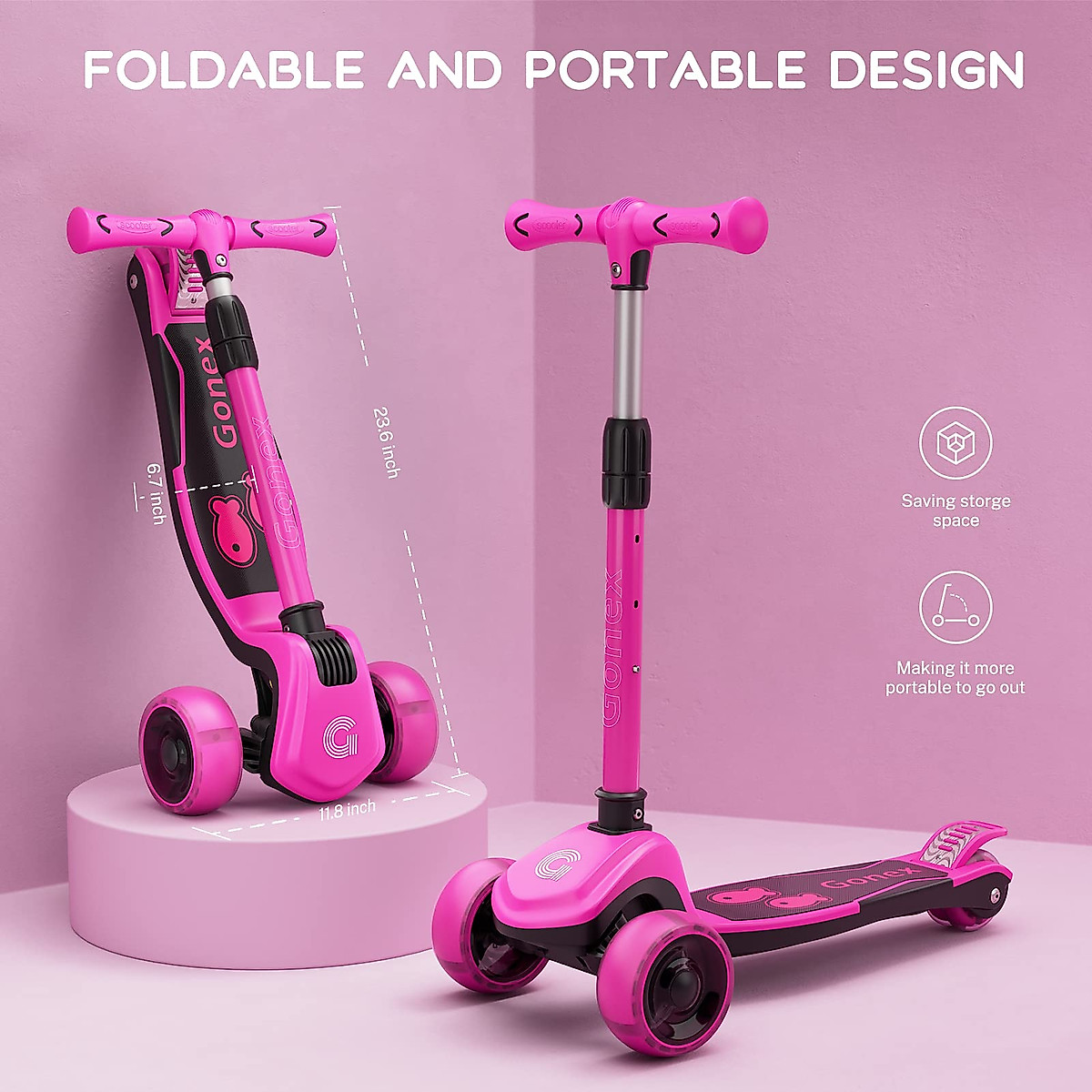 Gonex 3 Wheel Scooter for Toddler and Kids Ages 3-8, Kick Scooter for Girls Boys with Foldable Design Adjustable Height and Extra Wide Light up Wheel, Pink