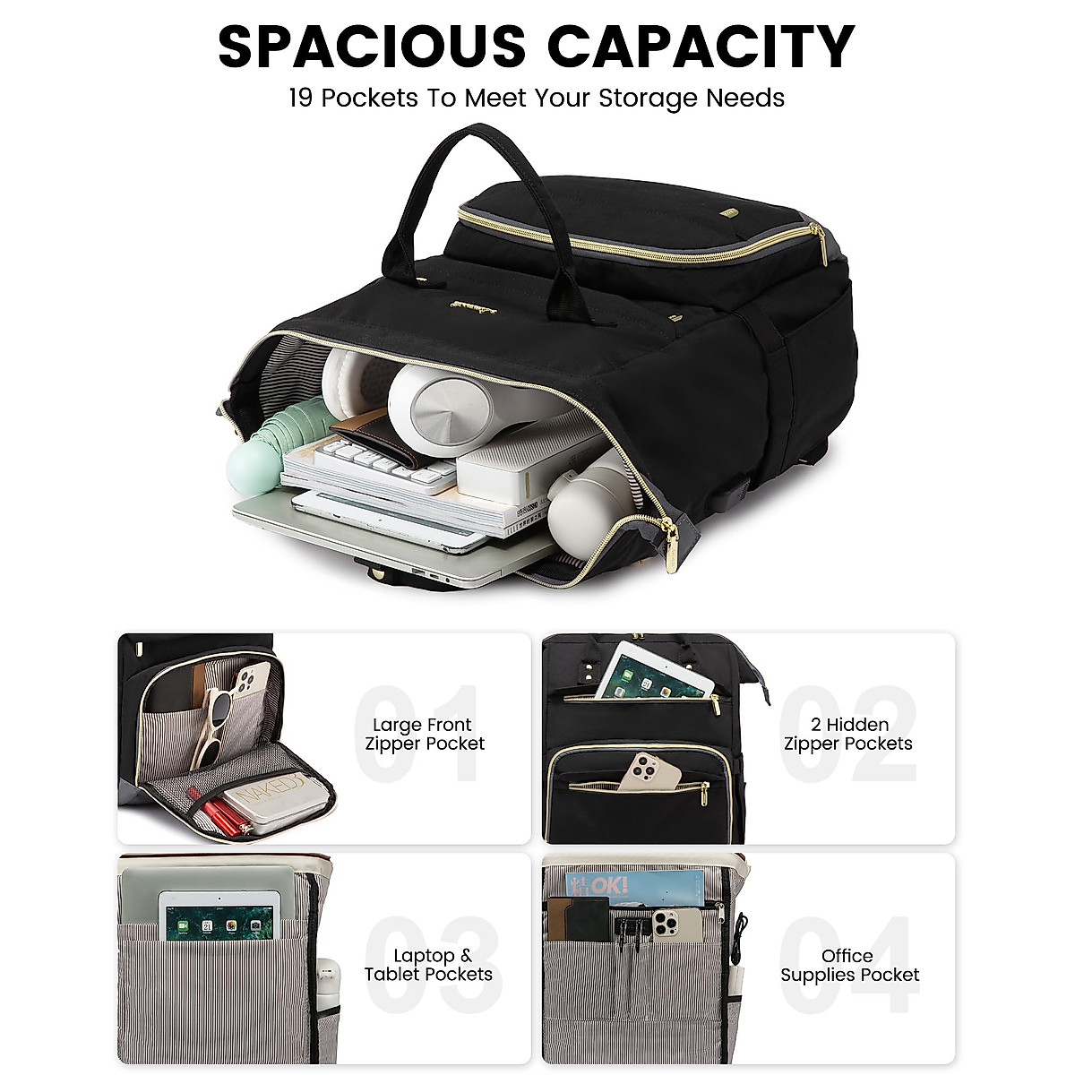 LOVEVOOK Laptop Backpack Women,15.6 Inch Wide-open Travel Computer Backpack Purse for Women with USB Port,Waterproof Teacher Nurse Work Laptop Bag College Back Pack,Black-Grey