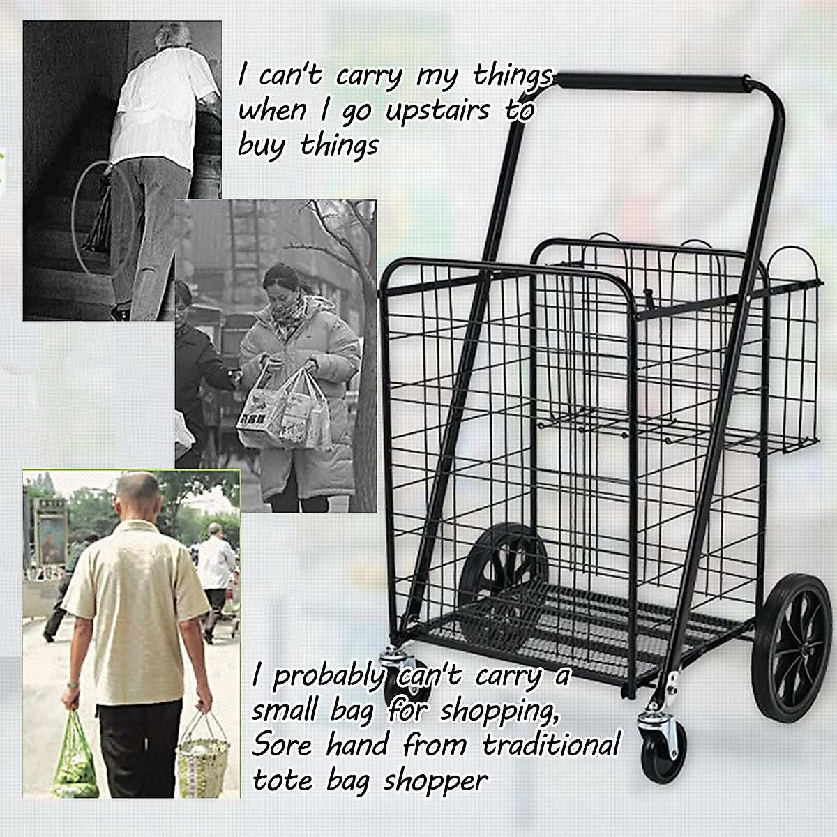 Shopping Cart for Groceries, Folding Grocery Cart with 360° Swivel Wheels & Double Basket, Portable Heavy Duty Utility Cart for Shopping/Laundry-Hold up to 440 Lbs