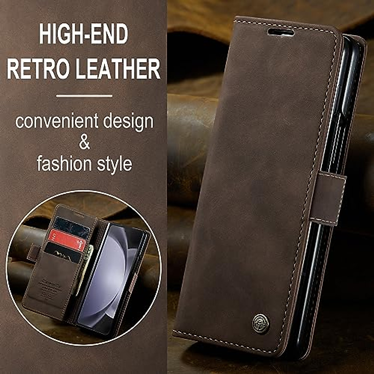 phone flip case Compatible with Samsung Galaxy Z Fold 5 Premium PU Leather Wallet Case, 2 in 1 Flip Magnetic Wallet Cover Case, Matte Soft Leather + TPU Bottom Shell Case W Card Holder+Money Pocket ph
