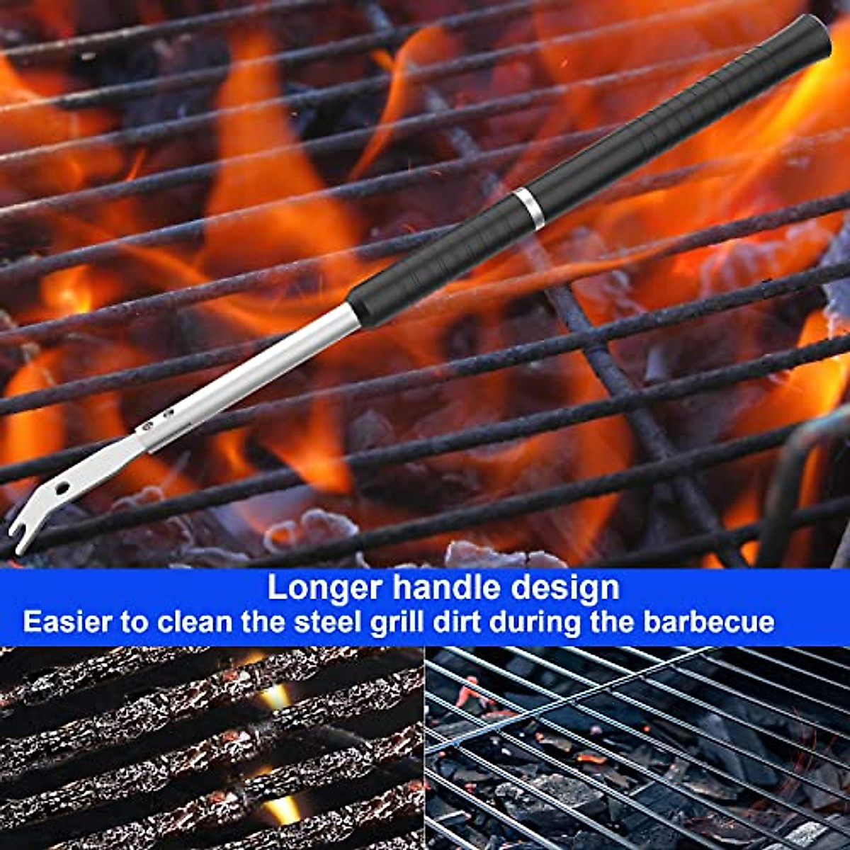 TANiCOO Extra Length Grill Scraper for Hot Grill - Heavy Duty BBQ Cleaning Tool - Bristle Free Safe Scraper with Long Handle Fits Round Grilling Grate, Good Barbeque Cleaning Gift for Dad and Mom.